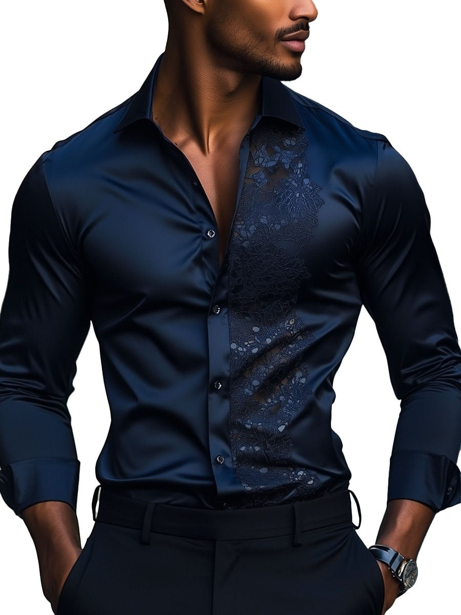 Men's Lace Panel Satin Long Sleeve Shirt – findercube