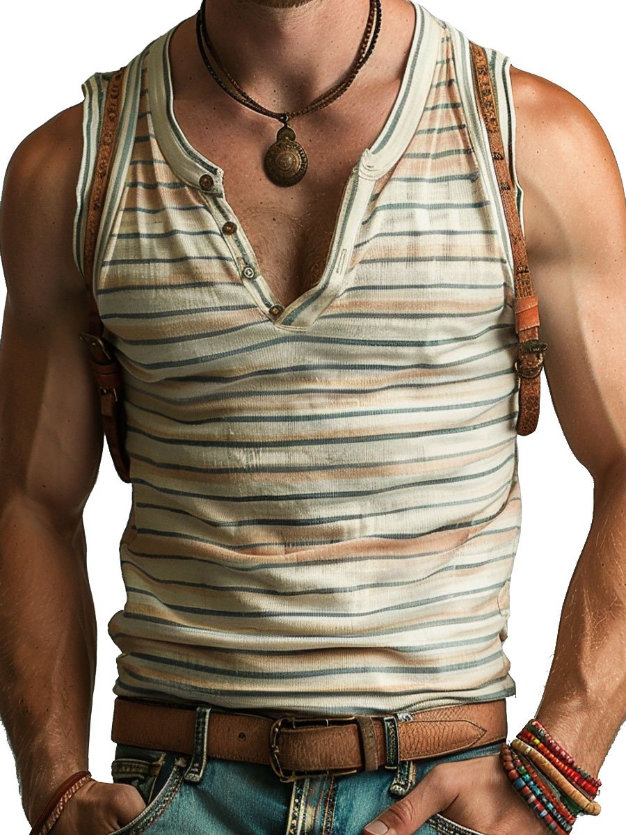 Men's Vintage Striped Casual Henley Collar Tank Top – findercube