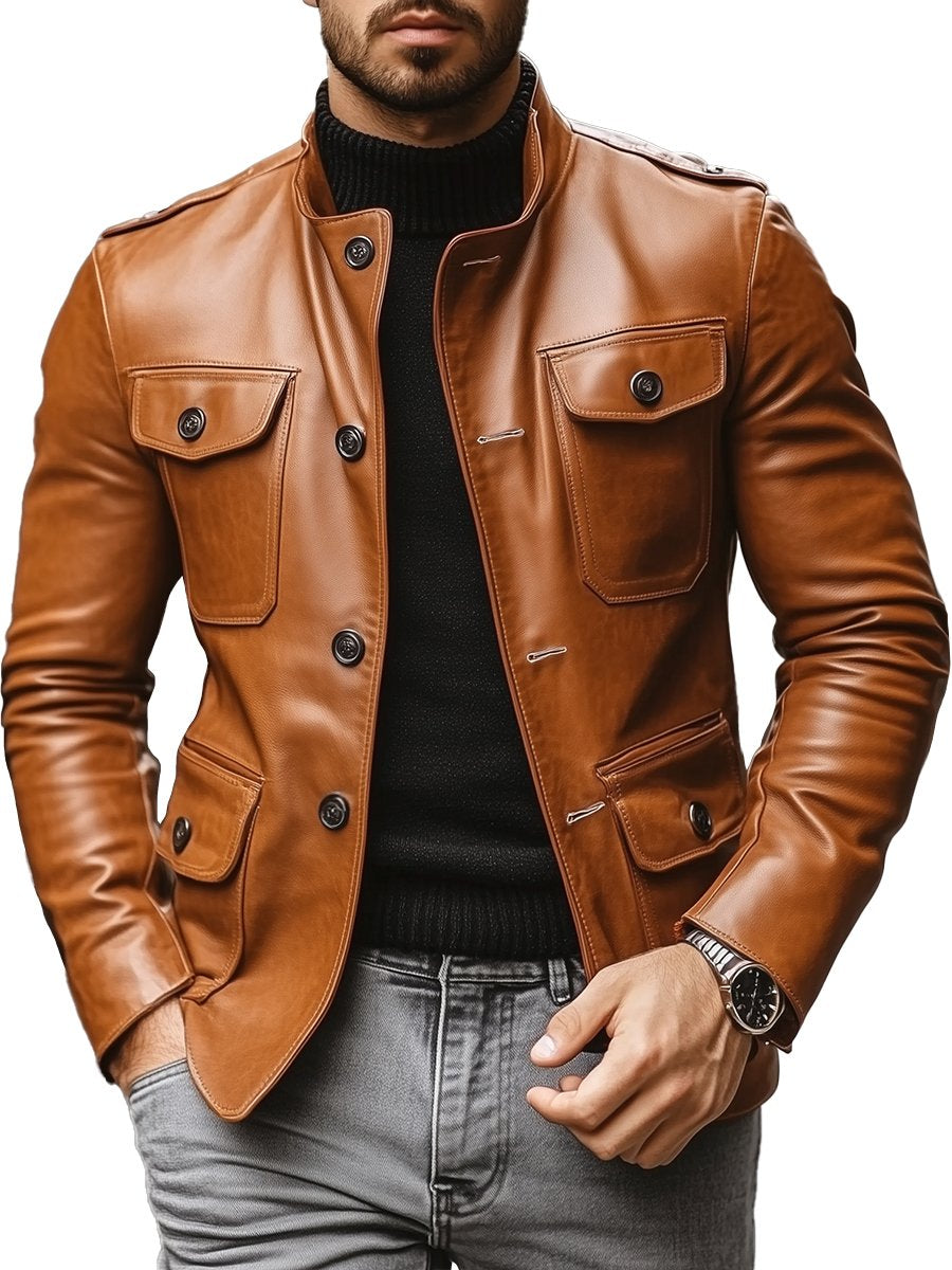 【24-hour shipping out】Casual Fashion Leather Stand Collar Single Breas ...